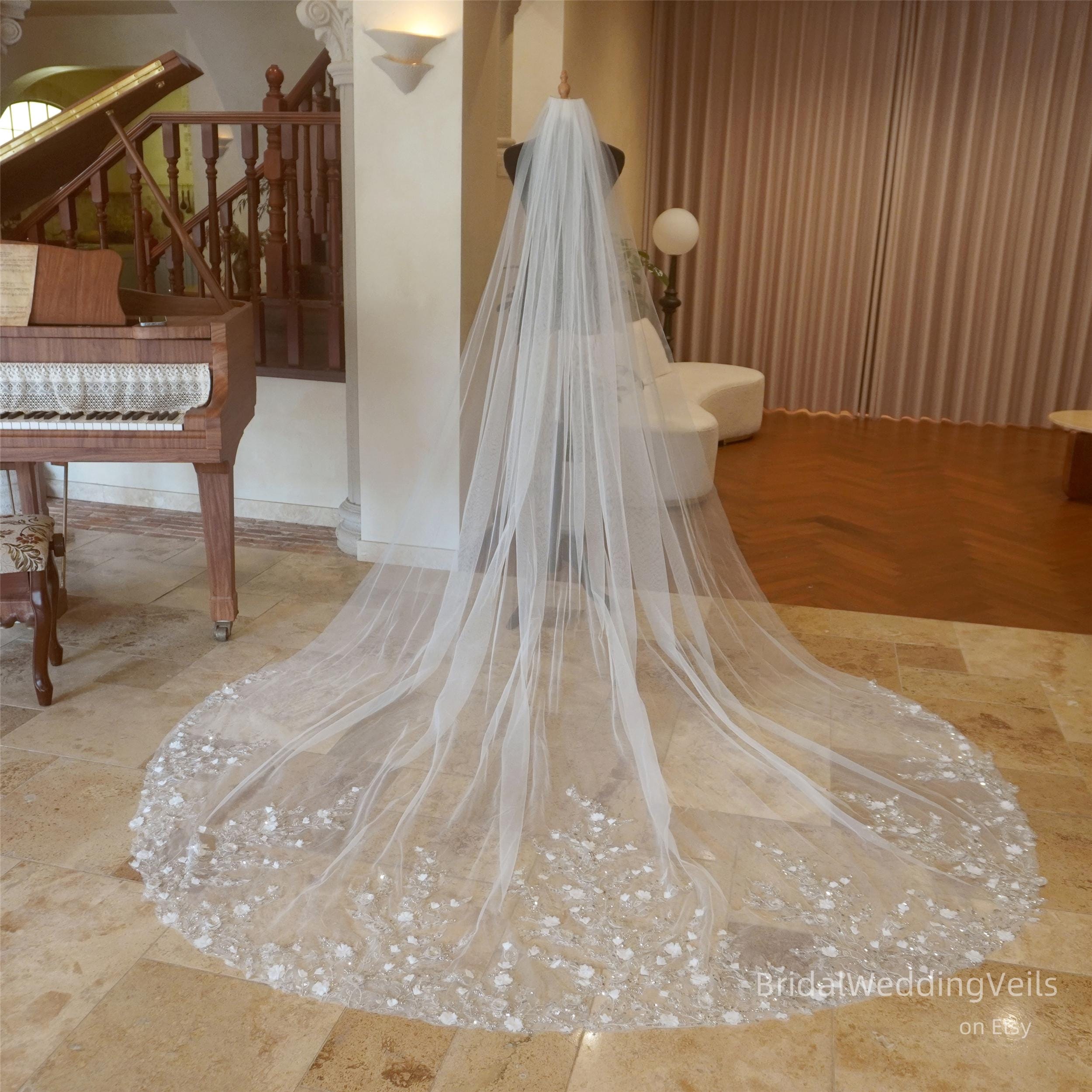 Beaded Flower Lace Cathedral Wedding Veil: 3D Floral, Sequin Bridal ...