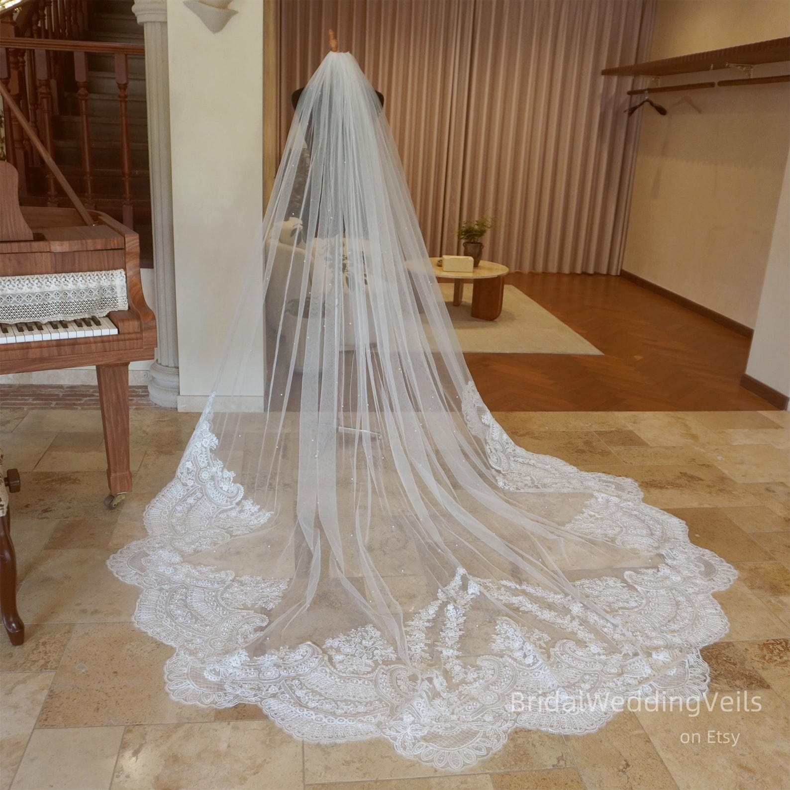 Vintage Lace Wedding Veil With Pearls: Hand-beaded Cathedral Veil - Etsy