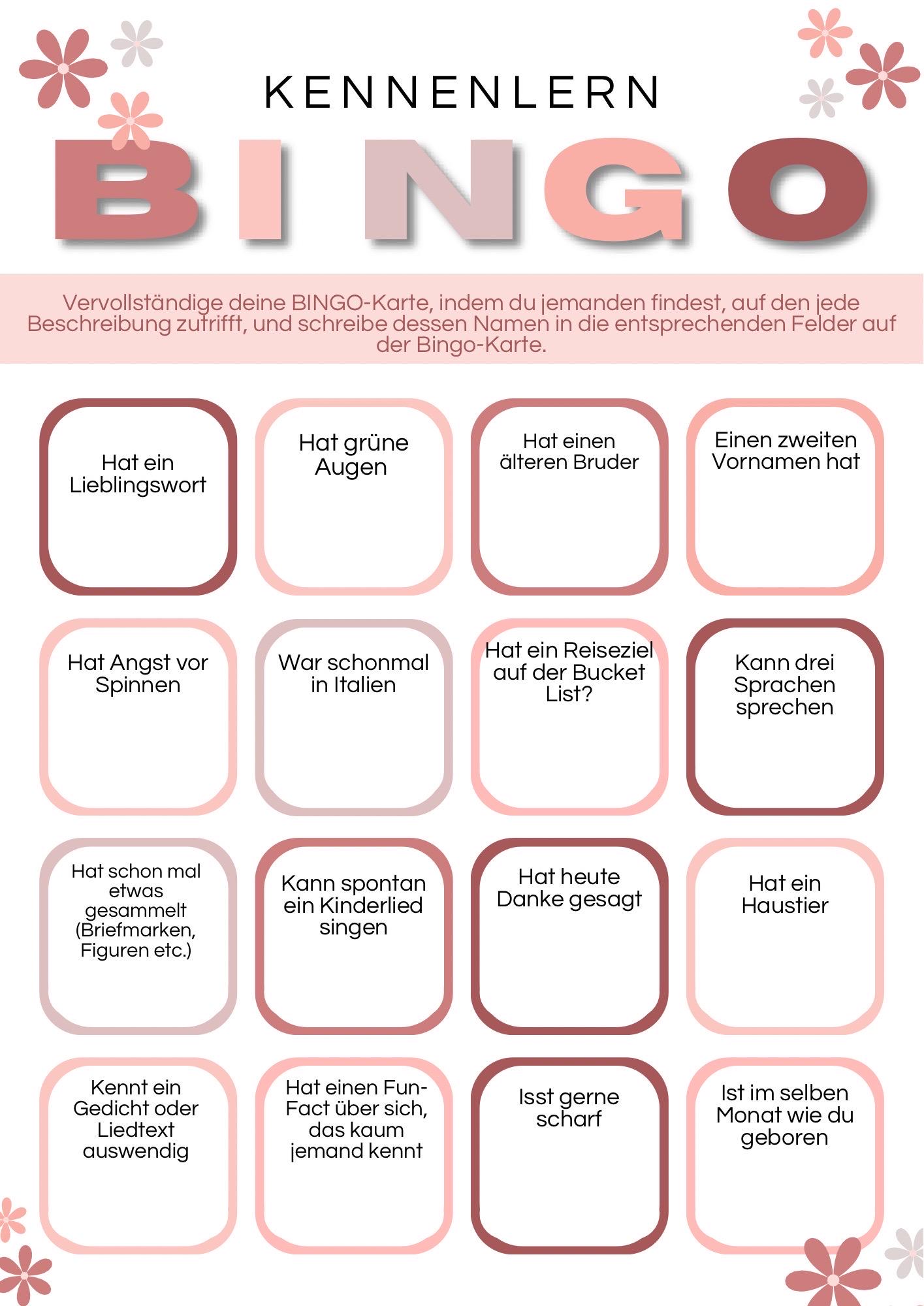 Kennenlern-Bingo Vorlage – 11 Varianten zum Sofort-Download ...