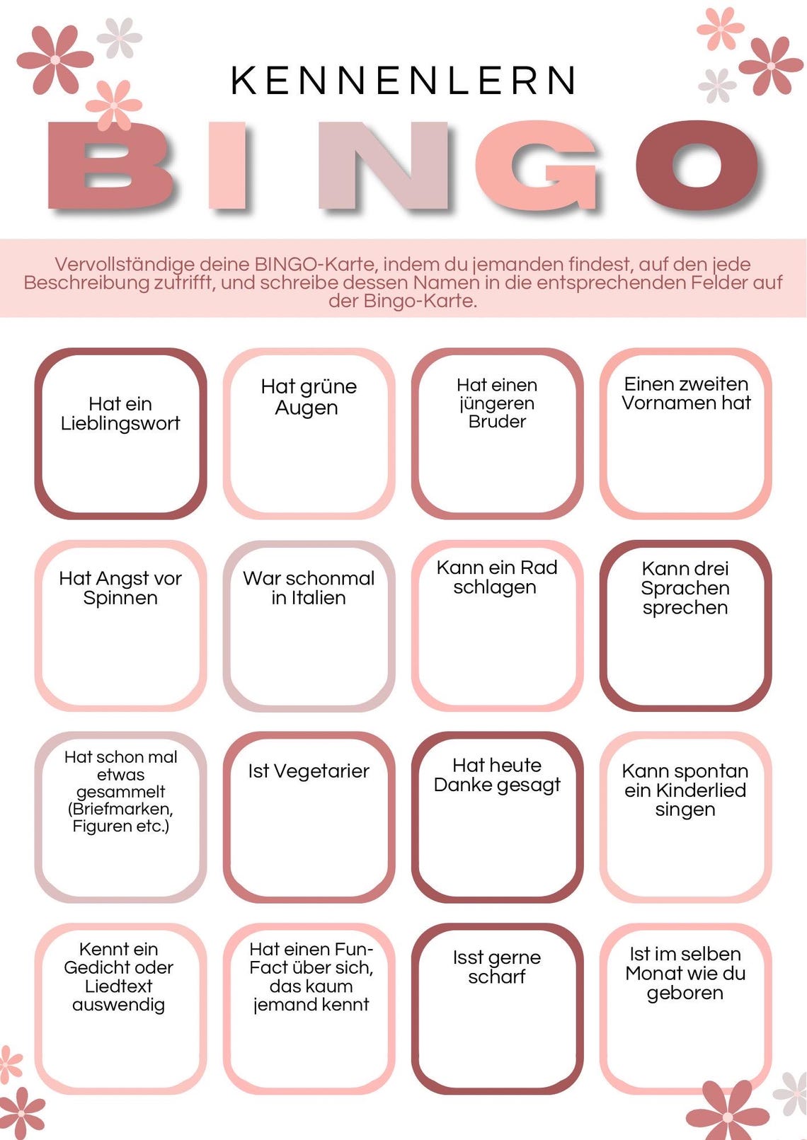 Kennenlern-Bingo Vorlage – 11 Varianten zum Sofort-Download ...