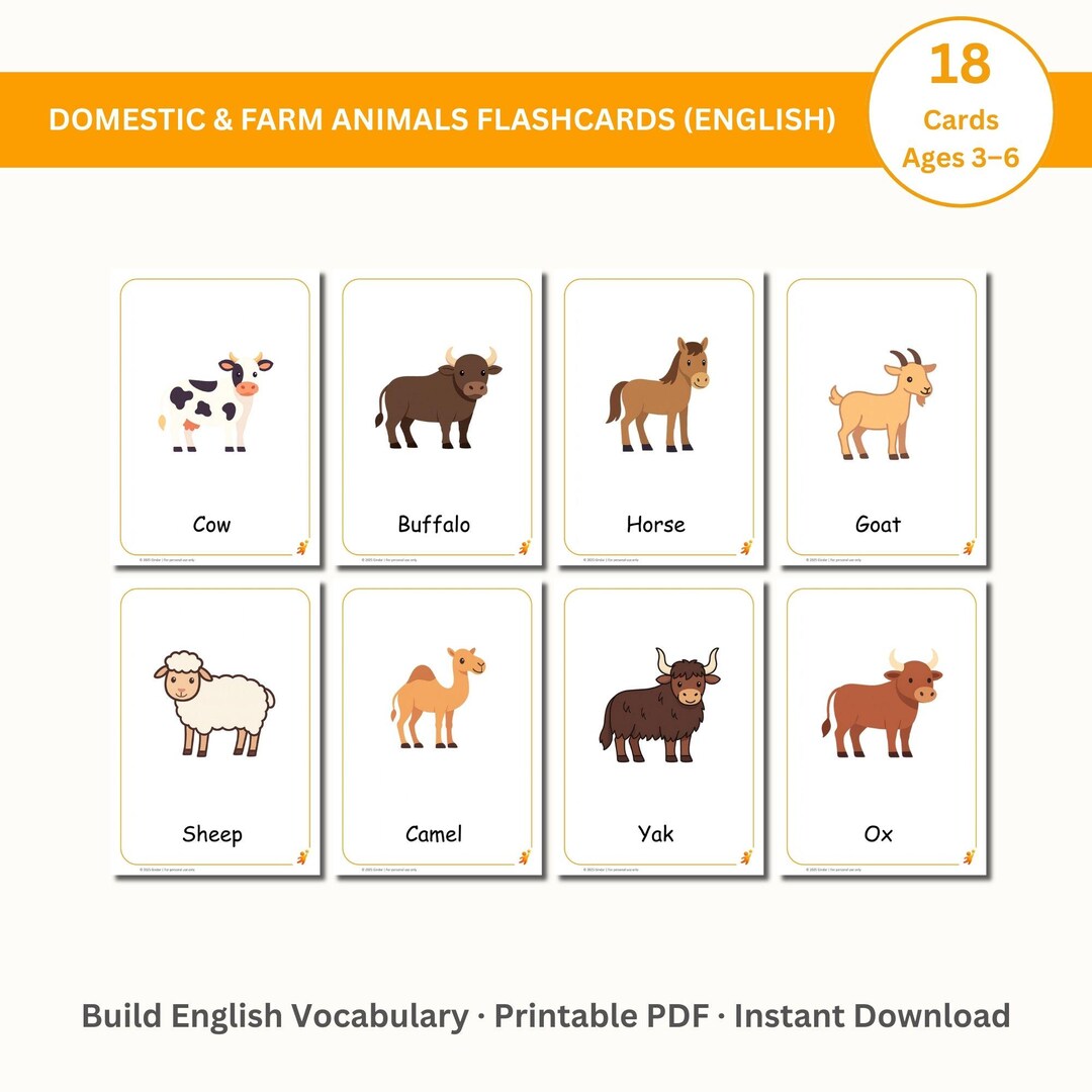 Farm Animals Flashcards Printable | 18 Domestic Animal Cards for Kids ...