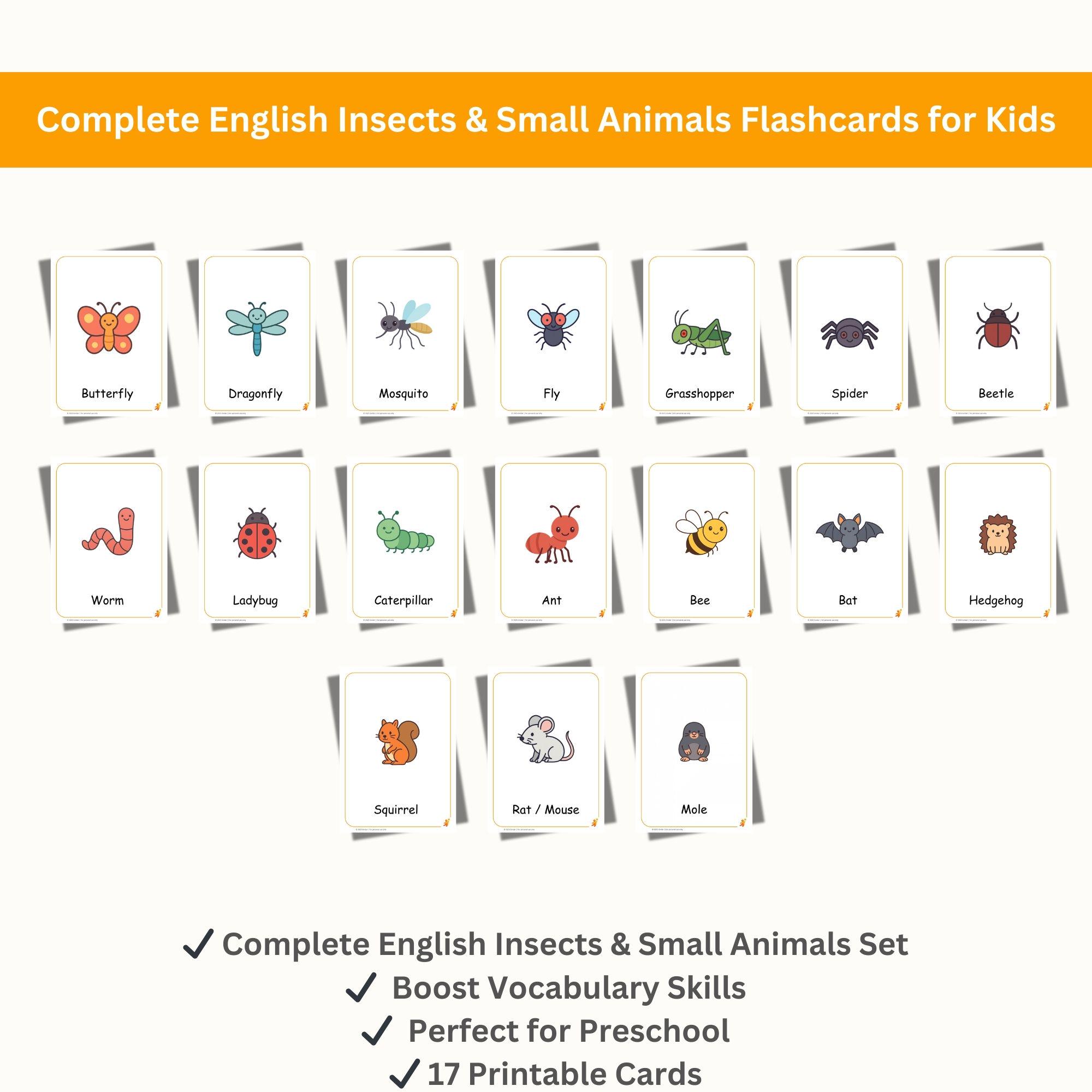 Insects Flashcards Printable | Bugs and Small Animals Cards for Kids ...