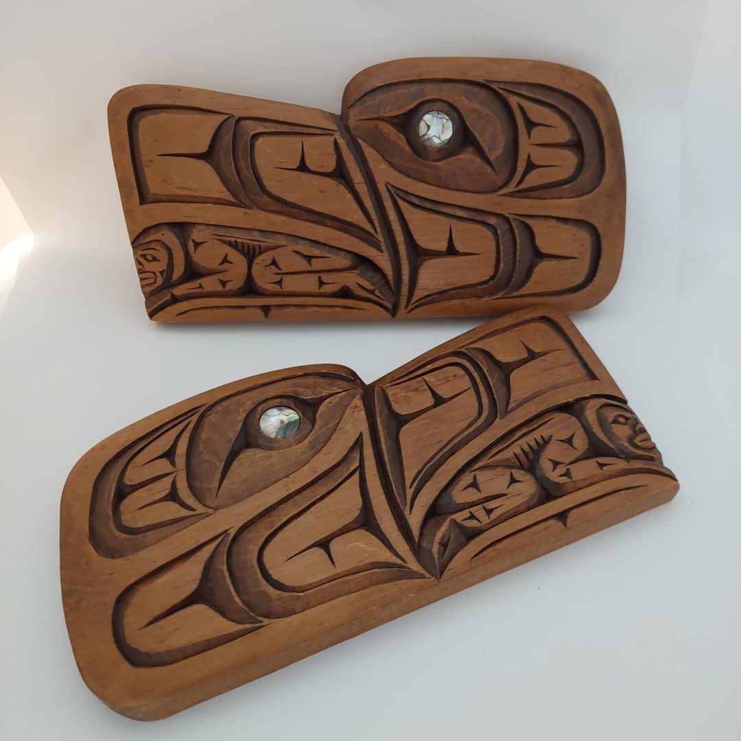 TWO Vintage First Nations Hand Carved and Inlaid Shell EAGLE Wall ...