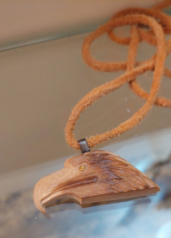 Carved Antler Horn Eagle Necklace on Leather Cord - Gem
