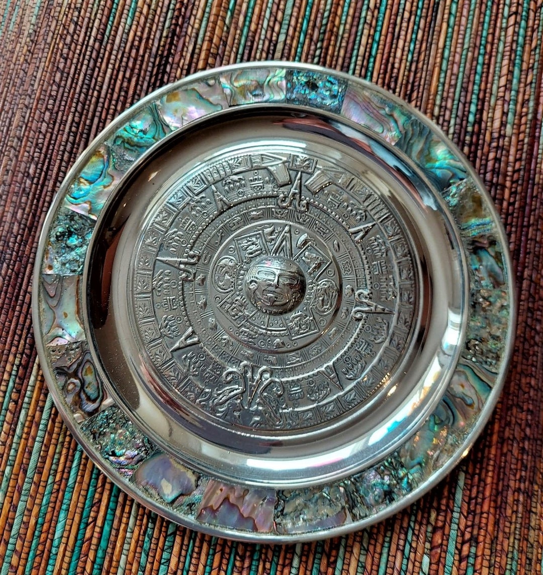 Vintage 7 Mexican Aztec Embossed Metal Wall Calendar Plaque With Shell ...
