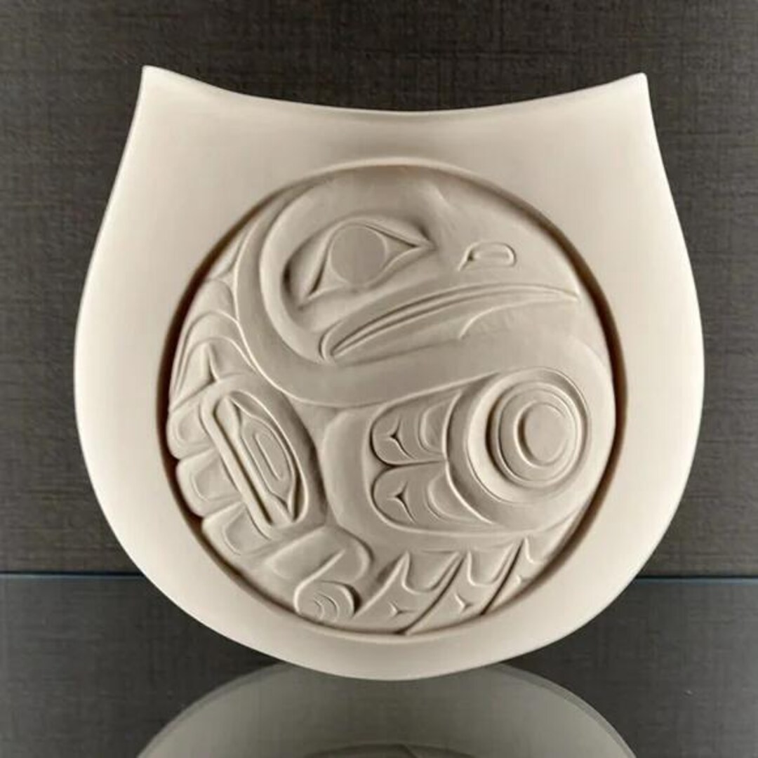 Terry Jackson, 1980 White Porcelain First Nations RAVEN Design Vase, 8. ...