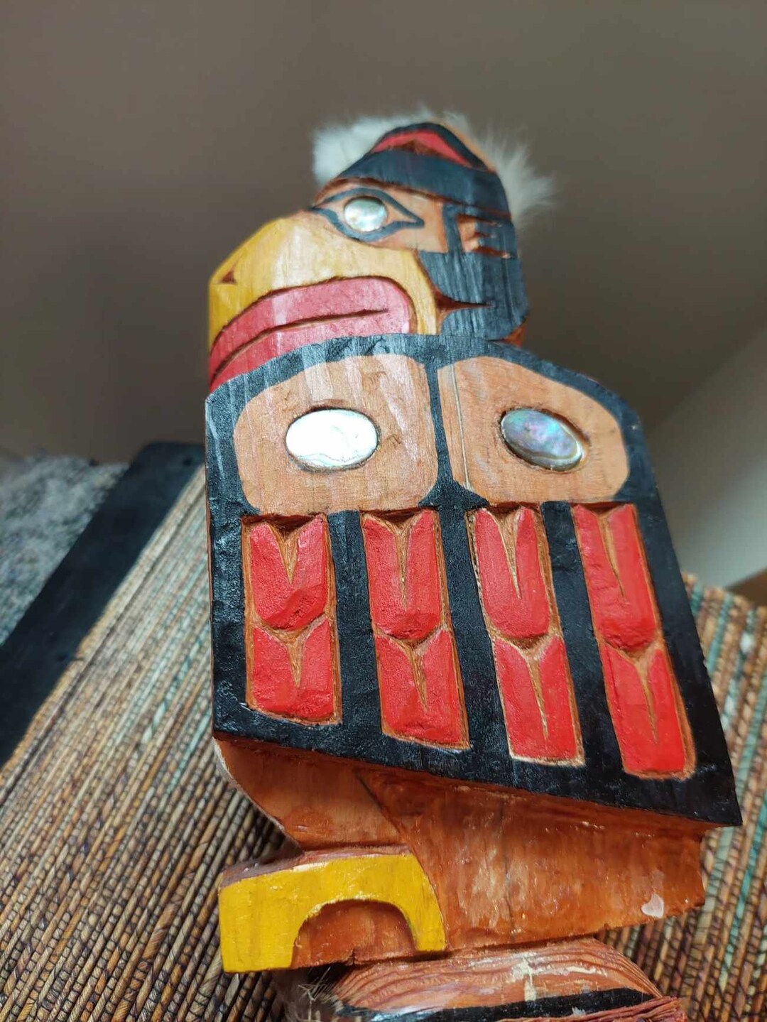 24 Inch Carved Vintage First Nations 4 Sided Detailed Totem With Inlaid ...