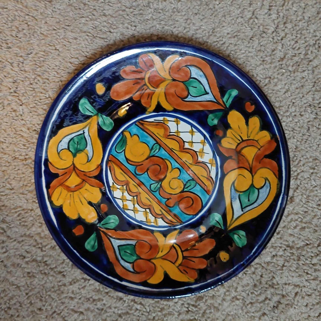 Large 11.5 Inch Talavera Mexican Plate Hand Painted- Yellow and Blue - Etsy