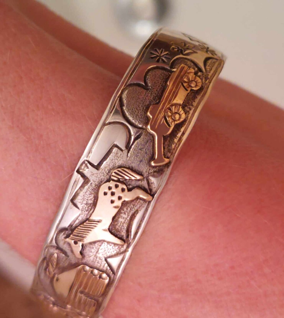 Navajo Storyteller Hopi Cuff ,1970's Sterling Silver & 12kt Gold Filled ...