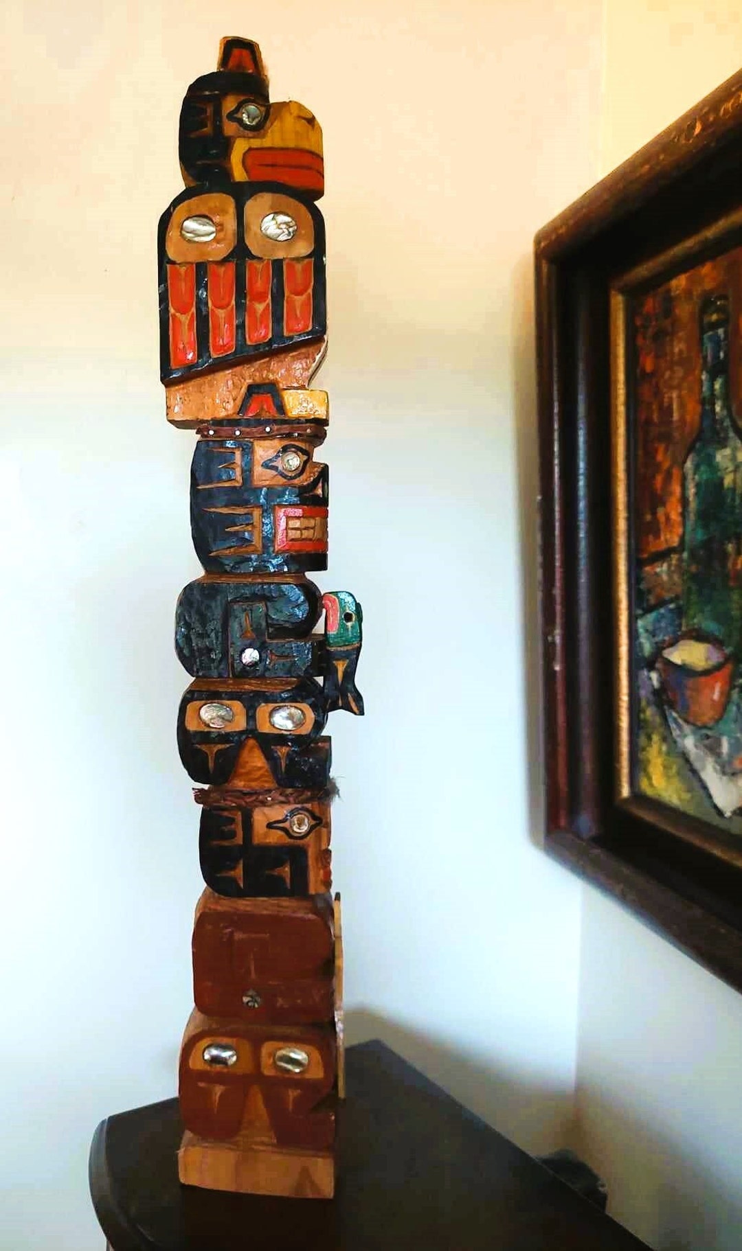 24 Inch Carved Vintage 4 Sided Detailed Totem With Inlaid Abalone ...