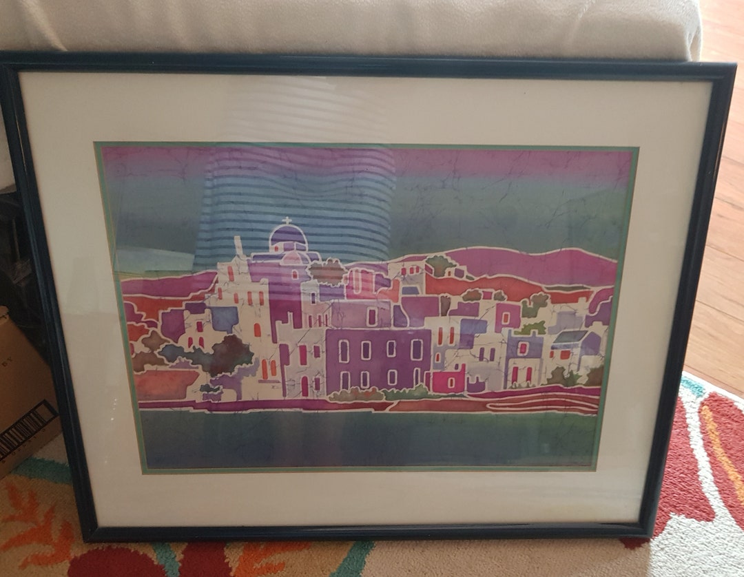 Large Greek Village SILK Batik Vintage Framed Print - Etsy