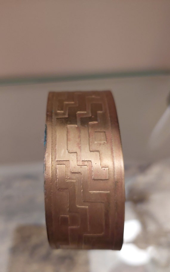 Vintage Larger Etched Brass Aztec Design Wide Cuff - Gem