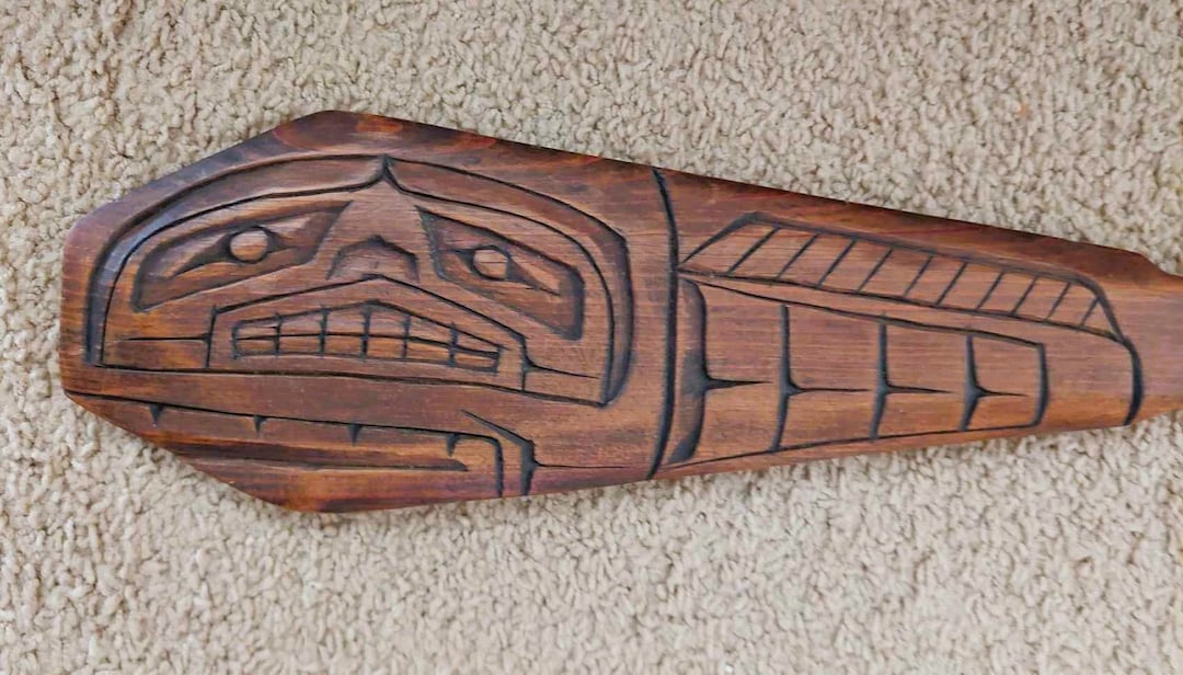 LONG Vintage Hand Carved PADDLE First Nations Native HALIBUT and Killer ...