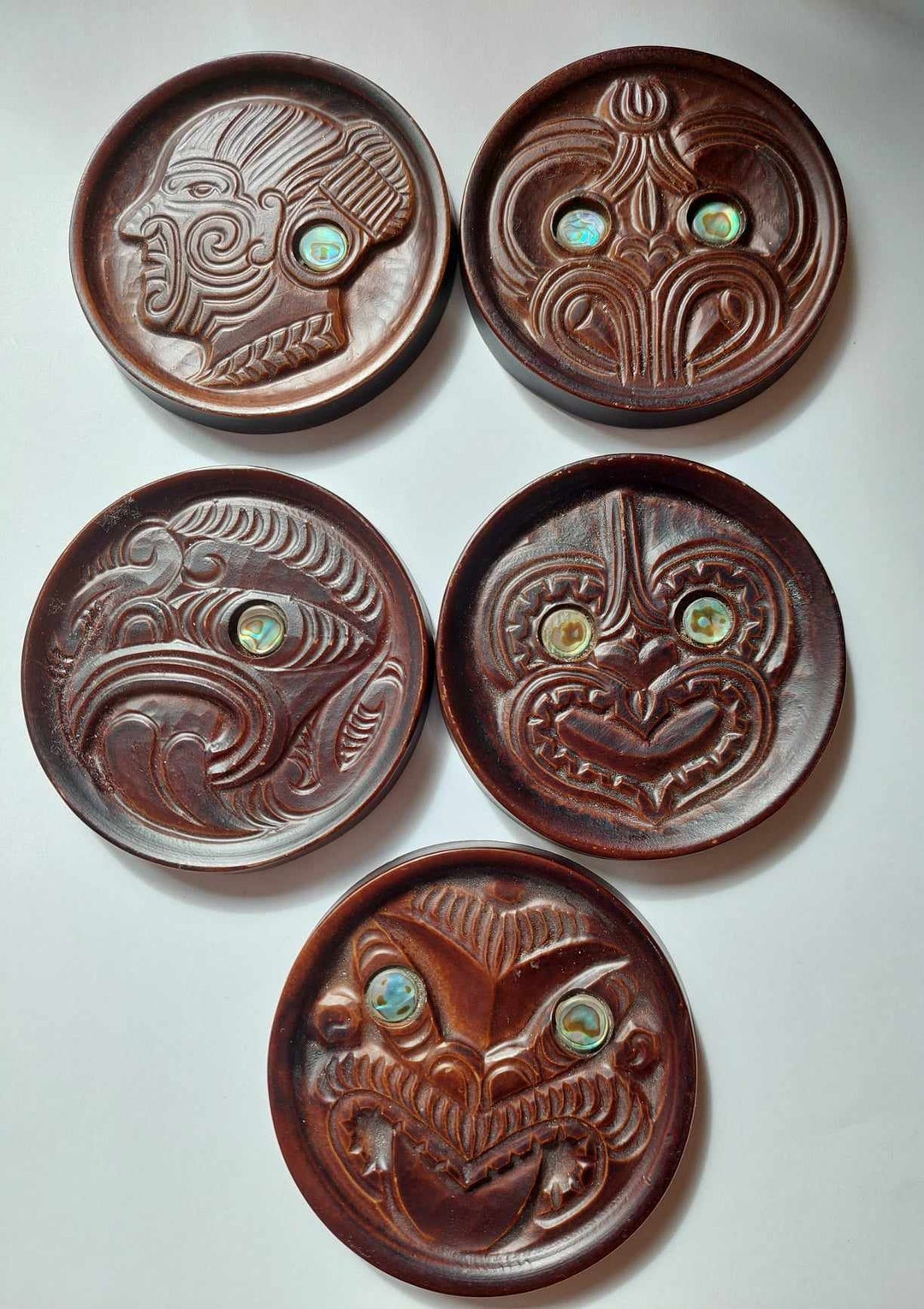 FIVE Tribal Maori Mask Carved Kauri Wood COASTERS With Paua Sea Shell ...