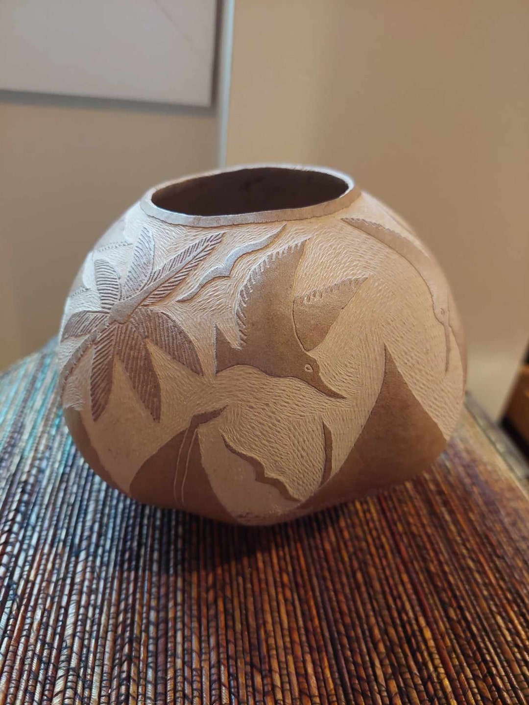 Hand Carved Coconut Container, Birds Tropical Scene - Etsy