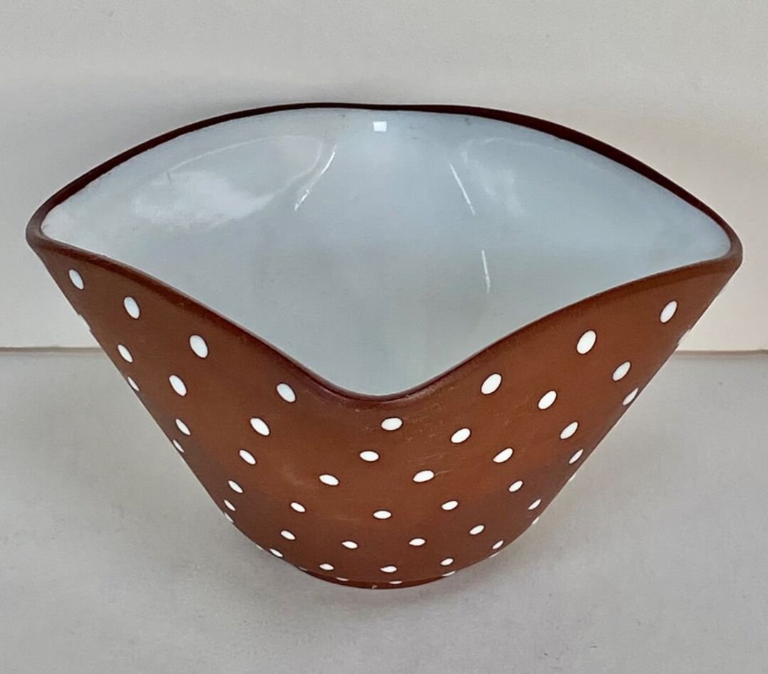 Mid Century Norwegian Art Pottery Bowl White Dots on Brown Back Ground ...