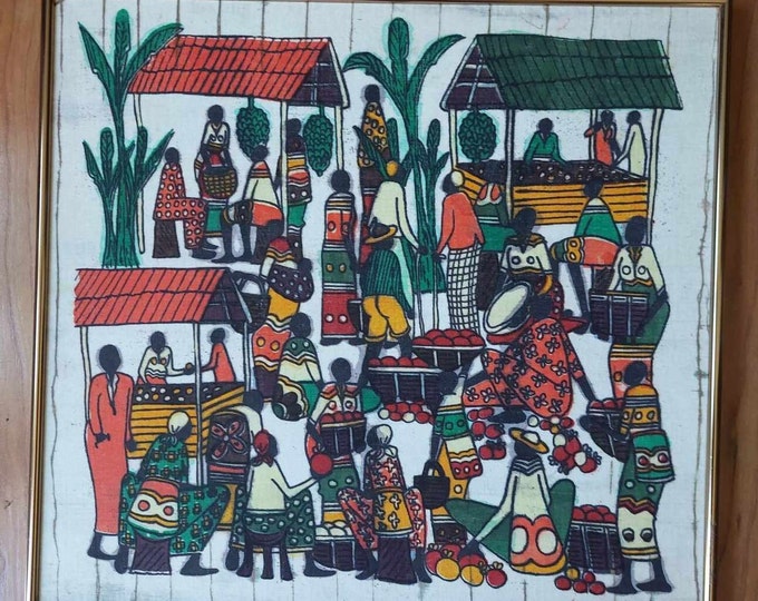 Vintage African Batik Framed Painting, 1970's Batiks, People in the ...