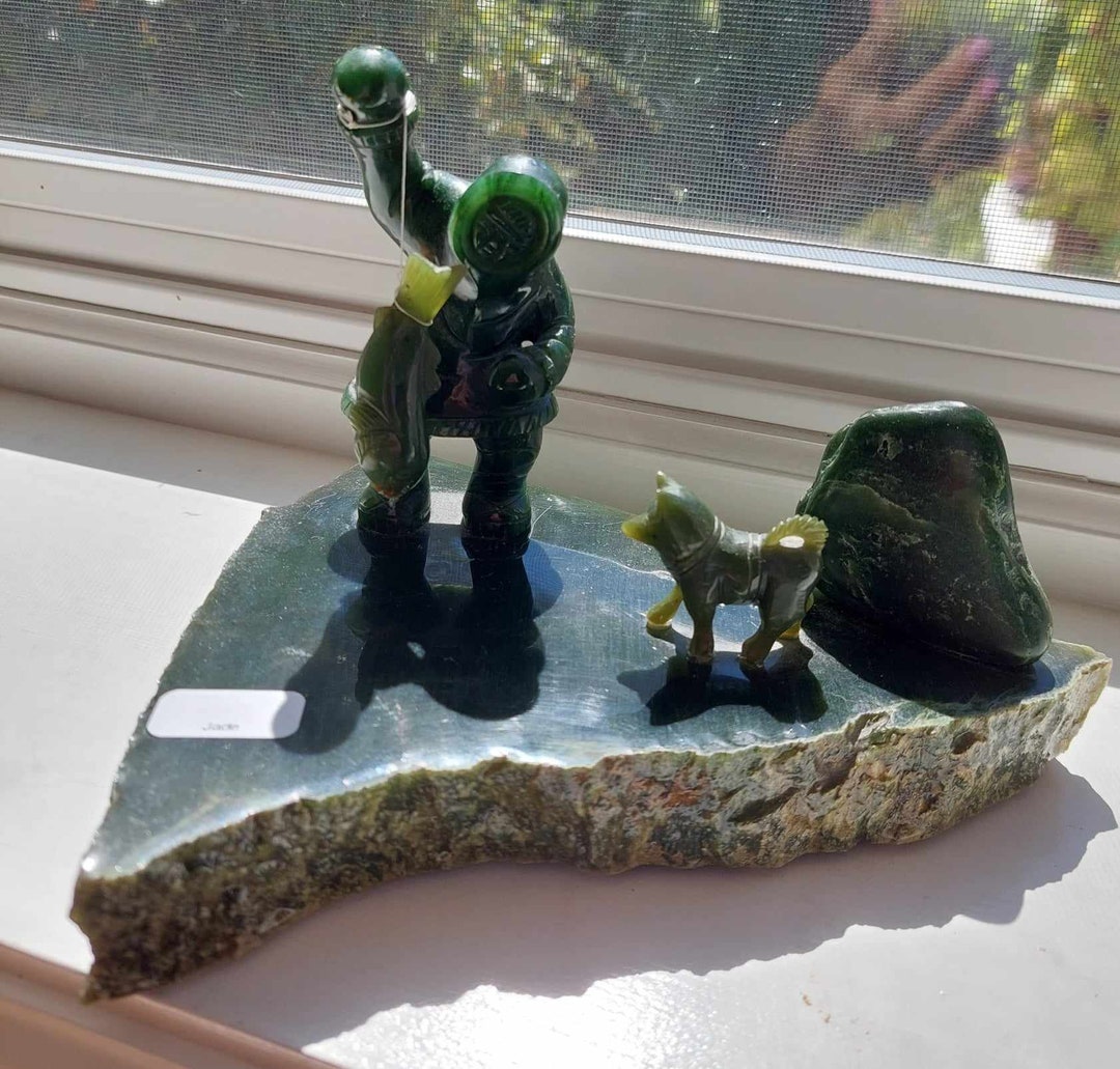 Large BC Jade Inuit Man Fishing With Husky Dog , Hand Carved Vintage - Etsy