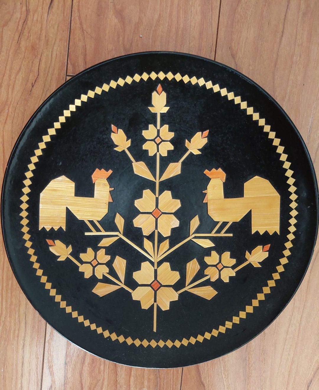 Vintage Russian Folk Art Wood Straw Inlay ROOSTER Plate - Etsy