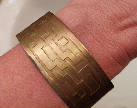 Vintage Larger Etched Brass Aztec Design Wide Cuff - Gem