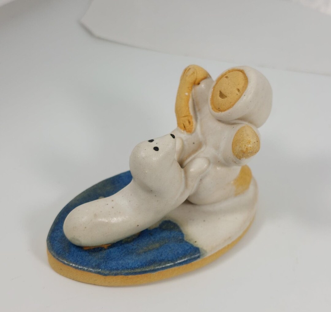 Vintage Laughing Inuit Child With Seal Small Statue, Hand Made Pottery ...