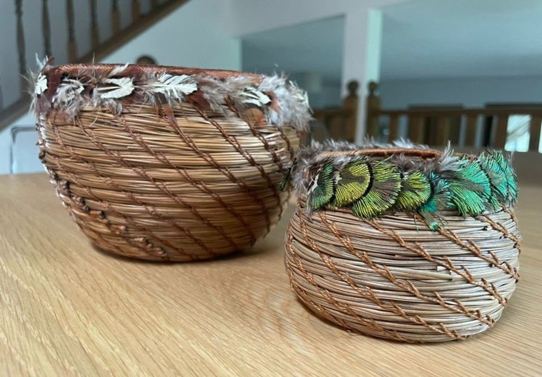 TWO Hand Made Woven Needle and Feather Baskets From San Fransico - Etsy
