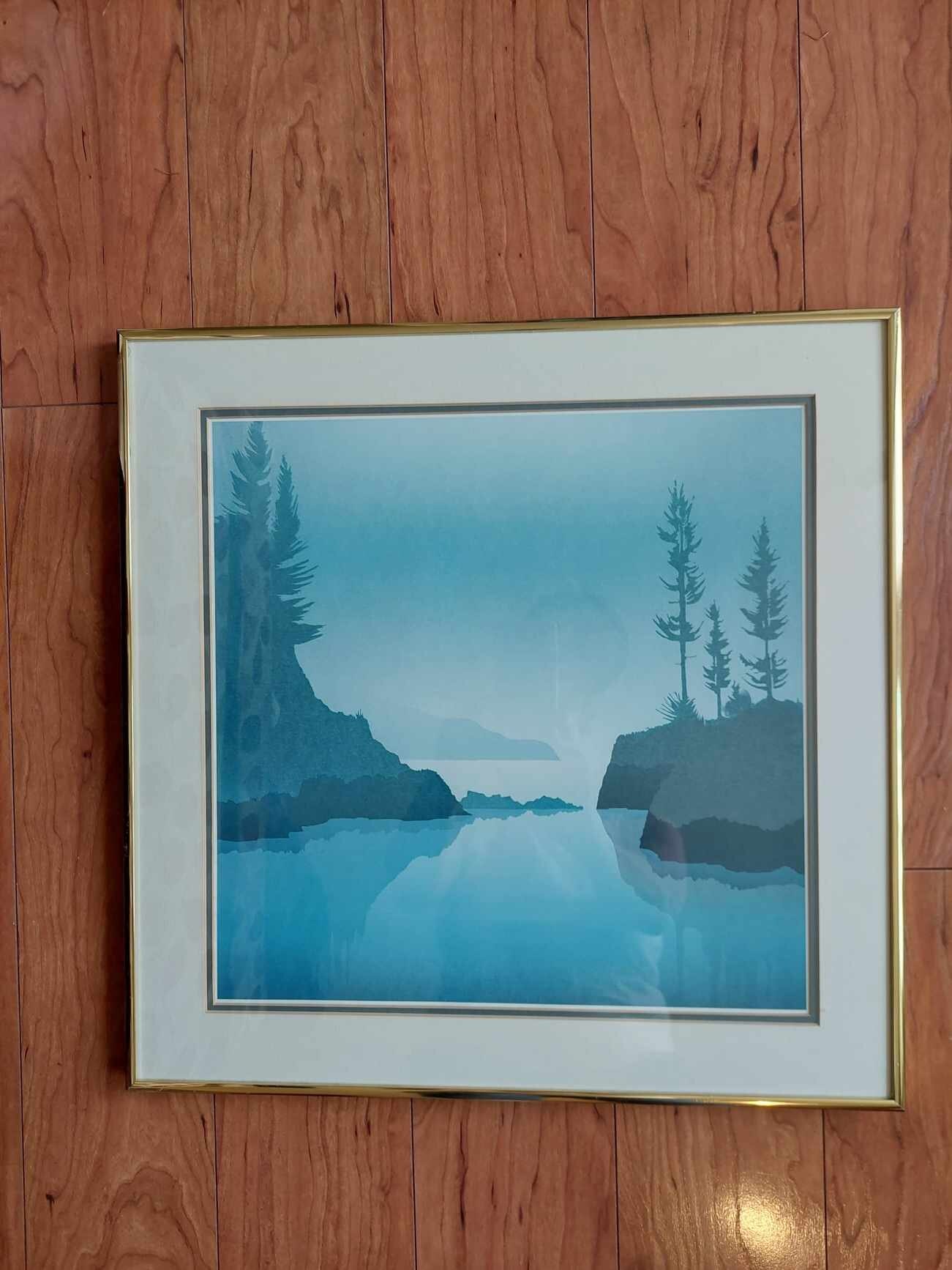 Vintage Large Misty West Coast Blue Framed Scene, Minimalist Water and ...