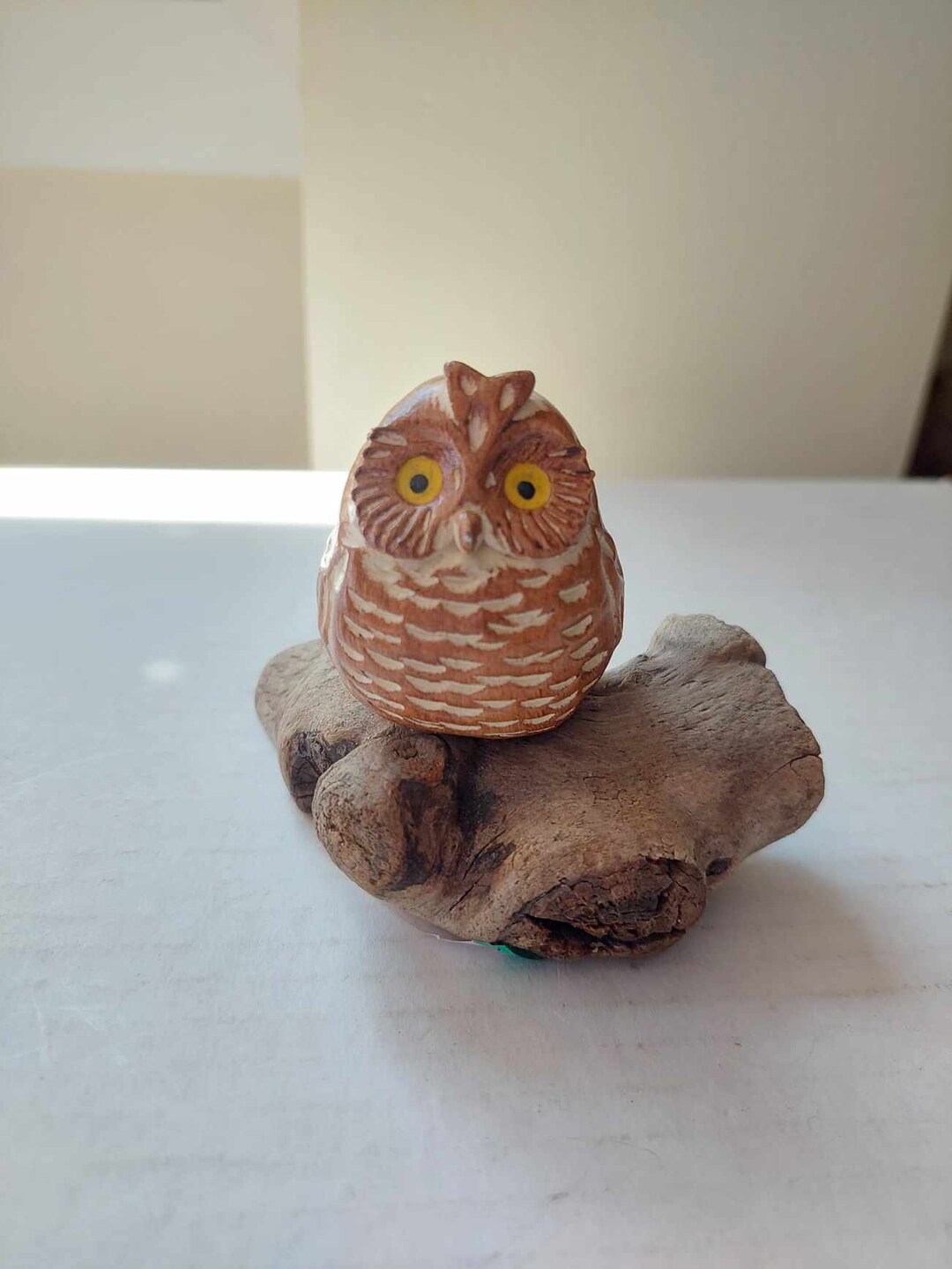 Artisan Small Clay Owl Mounted on Tree Bark - Etsy