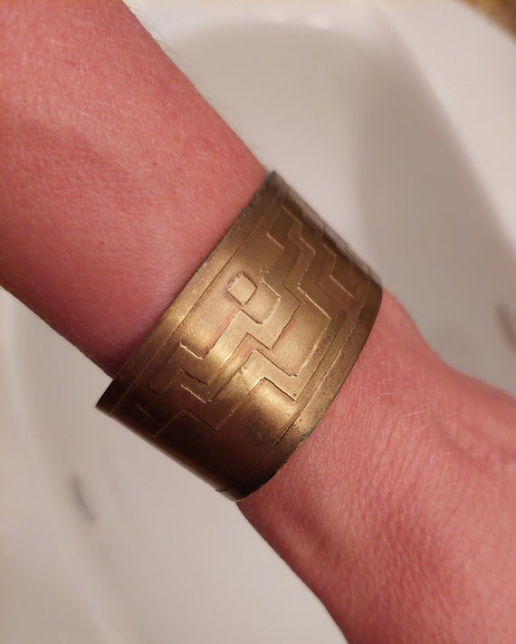 Vintage Larger Etched Brass Aztec Design Wide Cuff - Gem