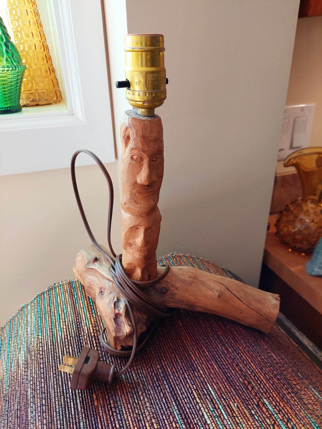 Vintage Hand Carved Faces Wood Lamp - Etsy