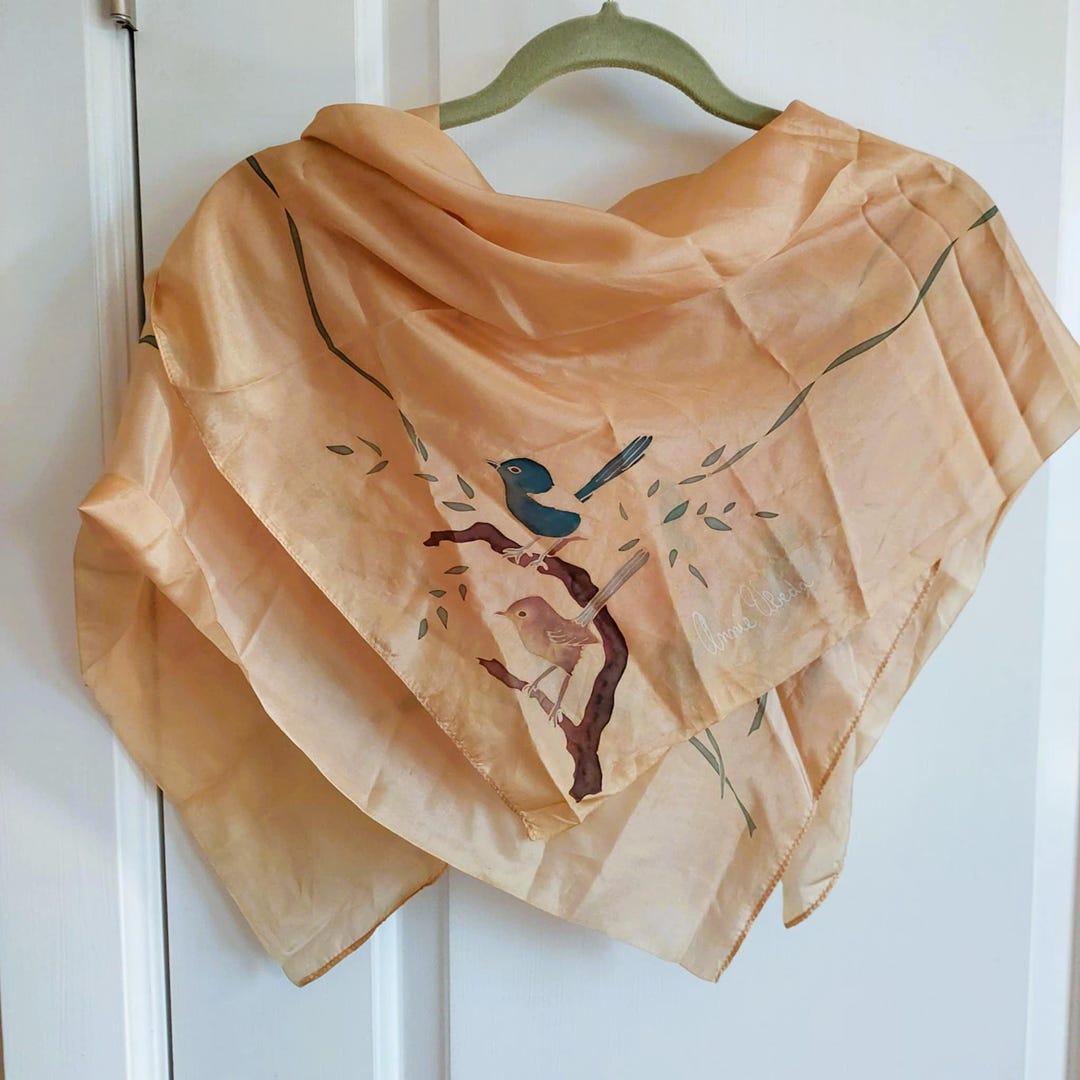 Hand Painted Birds Silk Scarf With Small Pink and White Flowers - Etsy