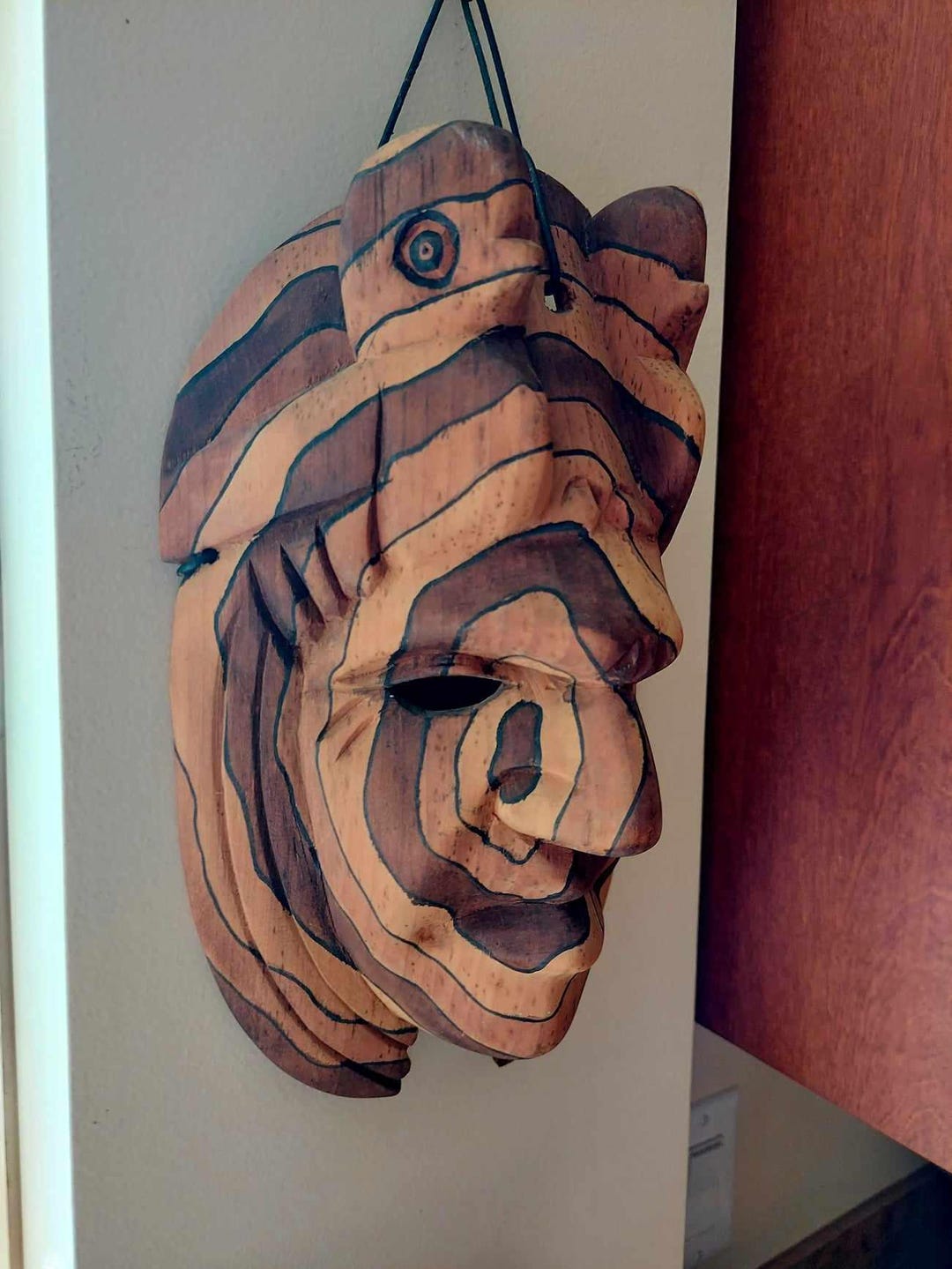 Unique Vtg Wooden Horned Tree Man Mask, Hand Carved 3D Wood Wall Mask ...