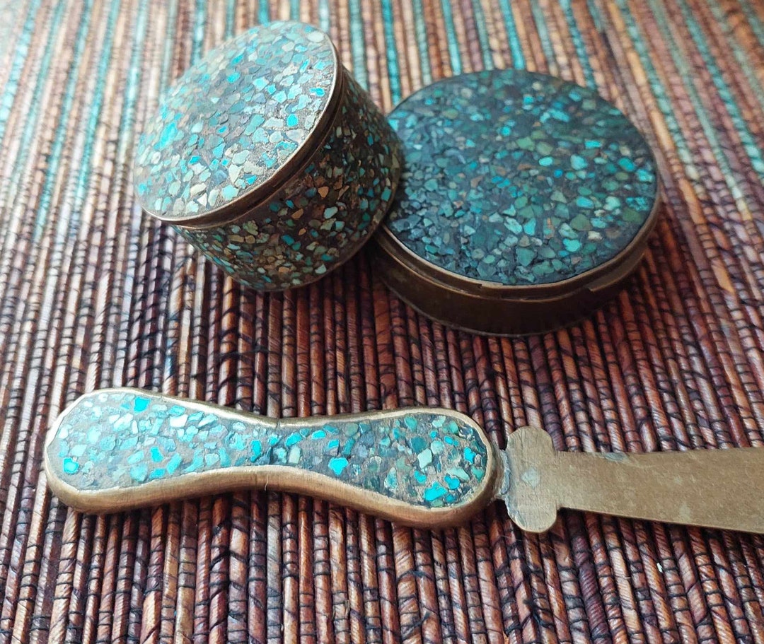 Vintage TURQUOISE Stone Inlay SET - Etsy