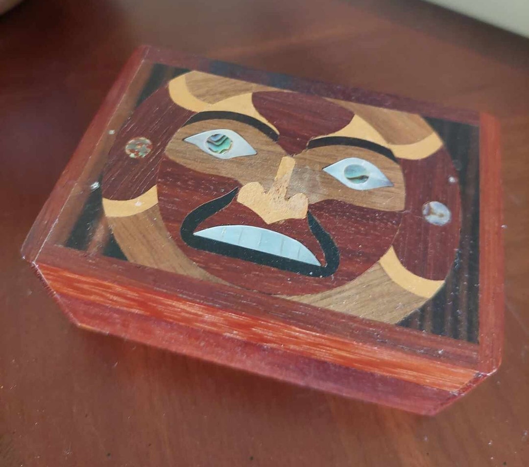 Vintage First Nations Moon Box , Inlaid Wood and Abalone Shell Small ...