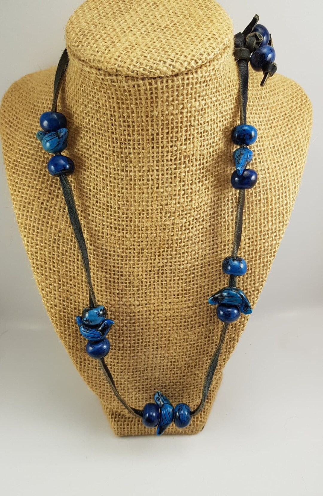 Vintage Resin Blue Birds With Stone Beads on a Blue Dyed Leather Cord ...