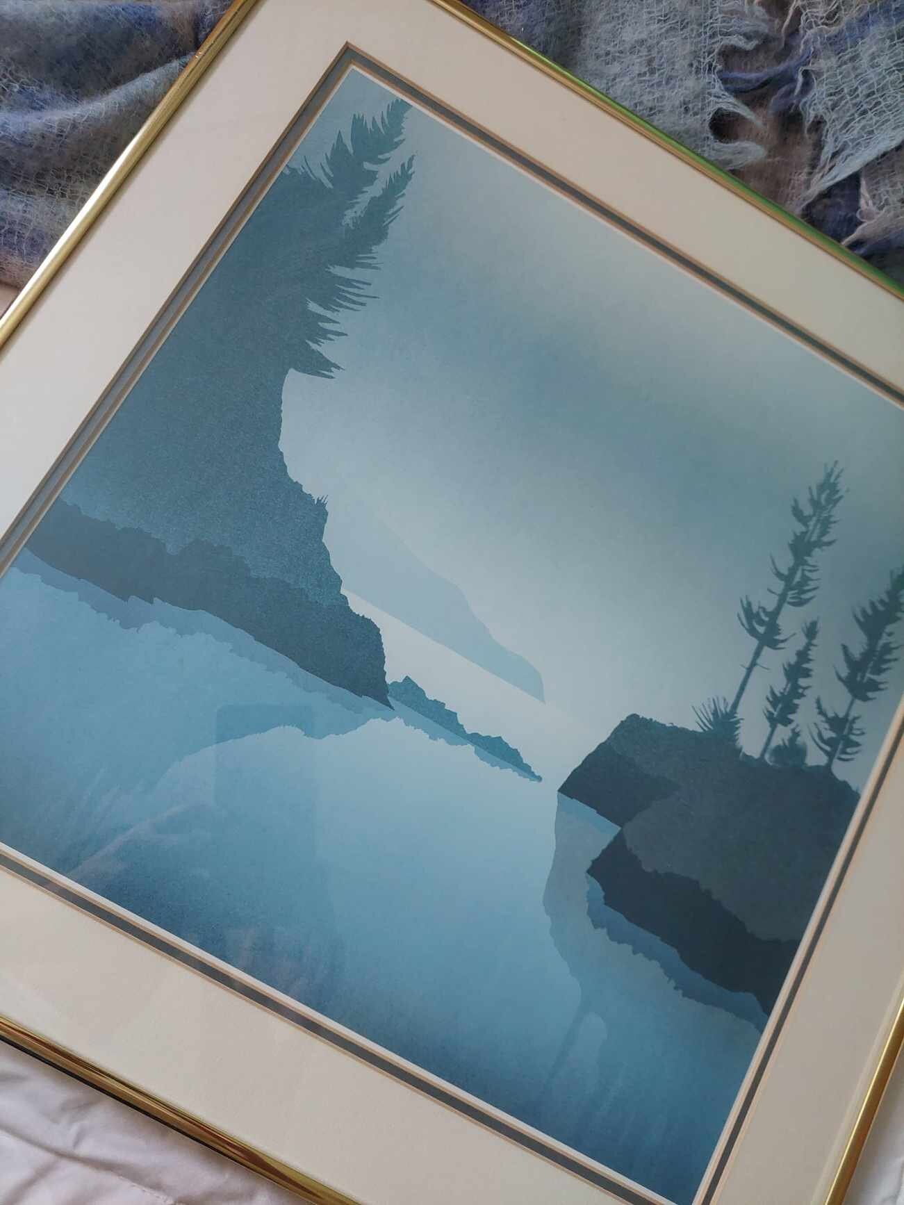 Vintage Large Misty West Coast Blue Framed Scene, Minimalist Water and ...