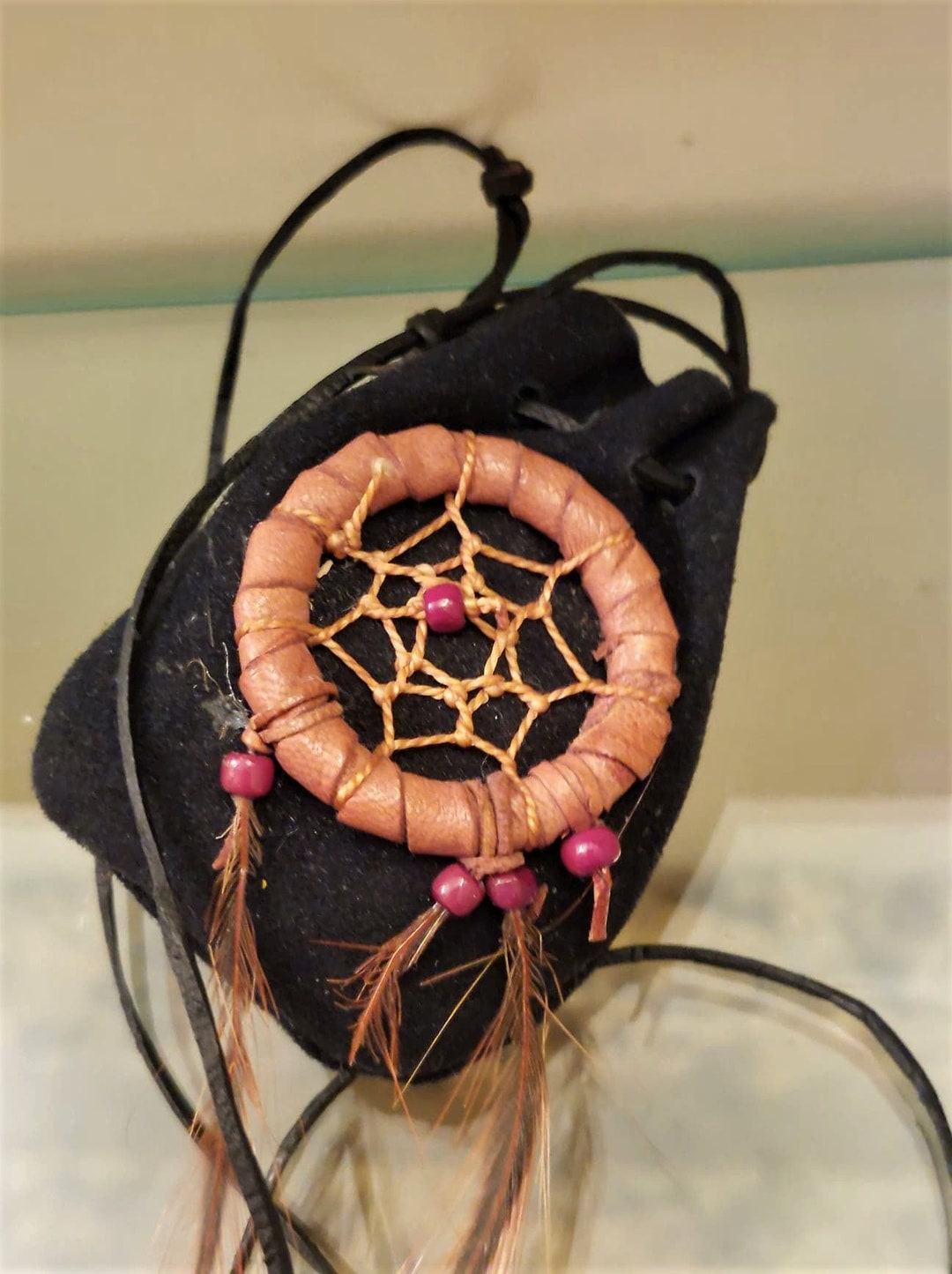 First Nations, Native American Black Leather Dreamcatcher Pouch ...