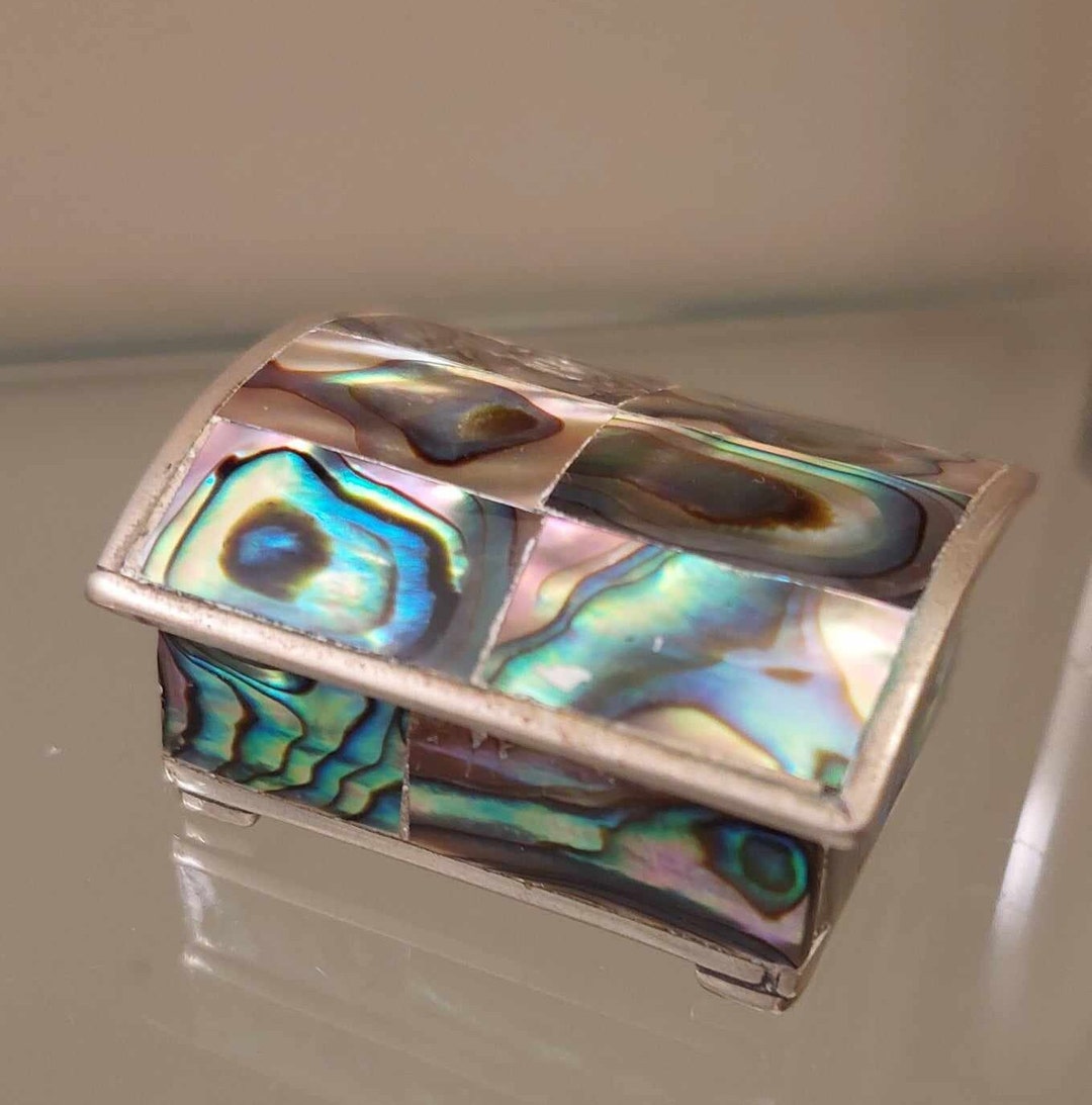 Small Treasure Chest Abalone Shell Inlaid Silver Mexico Container ...