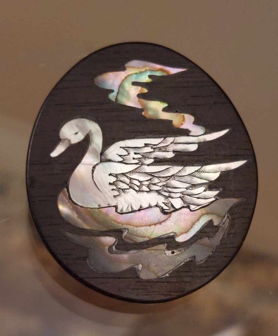 Vintage Inlaid Abalone Shell in Wood Swan Brooch - Gem