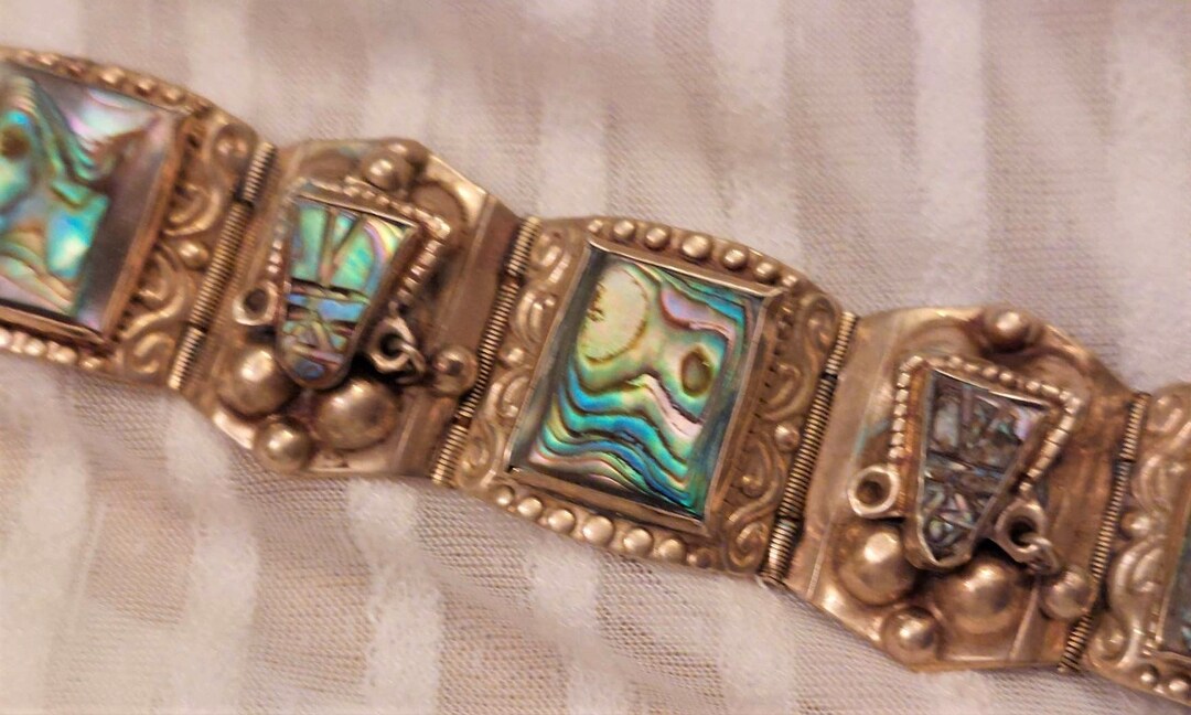 Vintage Mexico Taxco Sterling & Carved Abalone Shell Warrior Bracelet ...