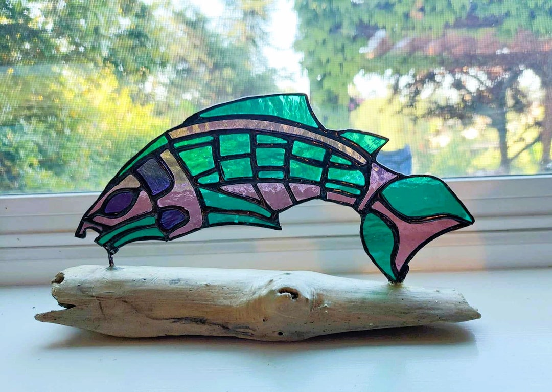 Stained Glass Fish, First Nations Design on Driftwood Display - Etsy