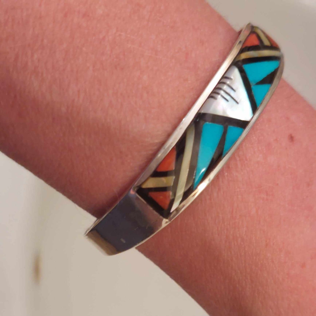 Vintage Turquoise and Shell Zuni Inlaid CUFF, Southwest ZUNI Signed - Etsy