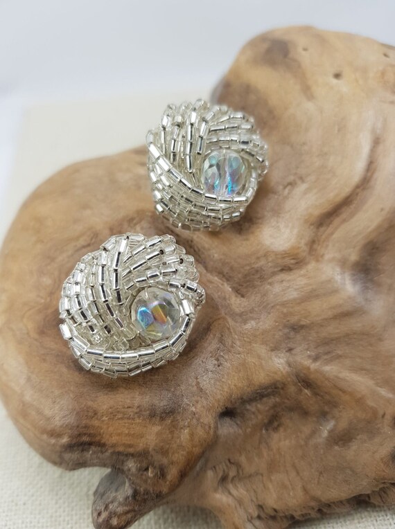 Vintage Clear Glass Seed Beaded Woven Nest Stud Earri… - Gem