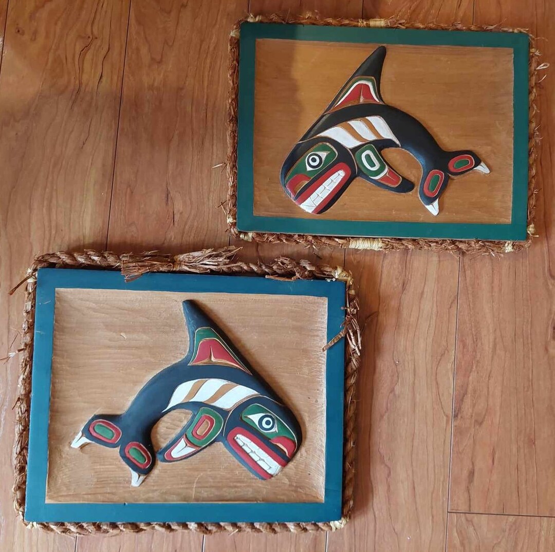 Vintage First Nations Mark Mickey PAIR of Killer Whale Cedar Carvings ...