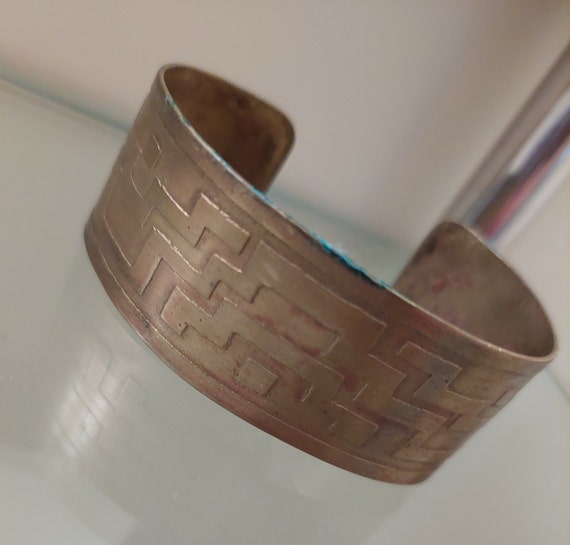 Vintage Larger Etched Brass Aztec Design Wide Cuff - Gem