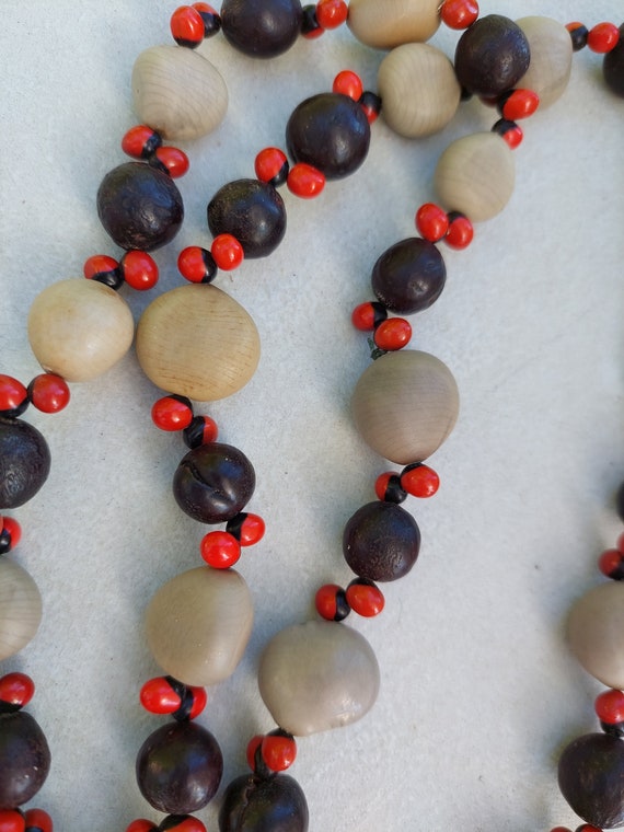 Very Long Vintage Seed and Nut Bead Red and Grey Bead… - Gem