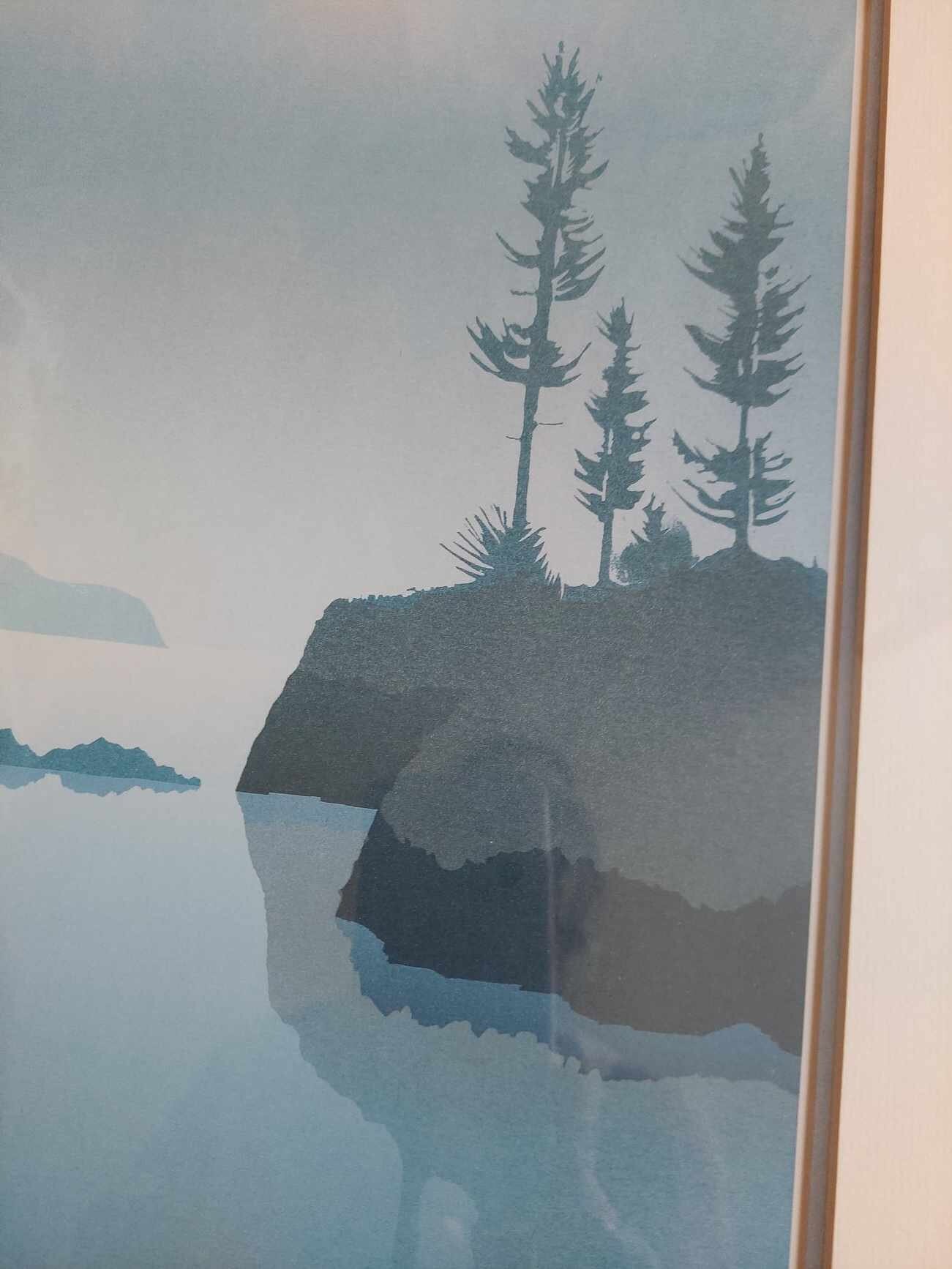 Vintage Large Misty West Coast Blue Framed Scene, Minimalist Water and ...