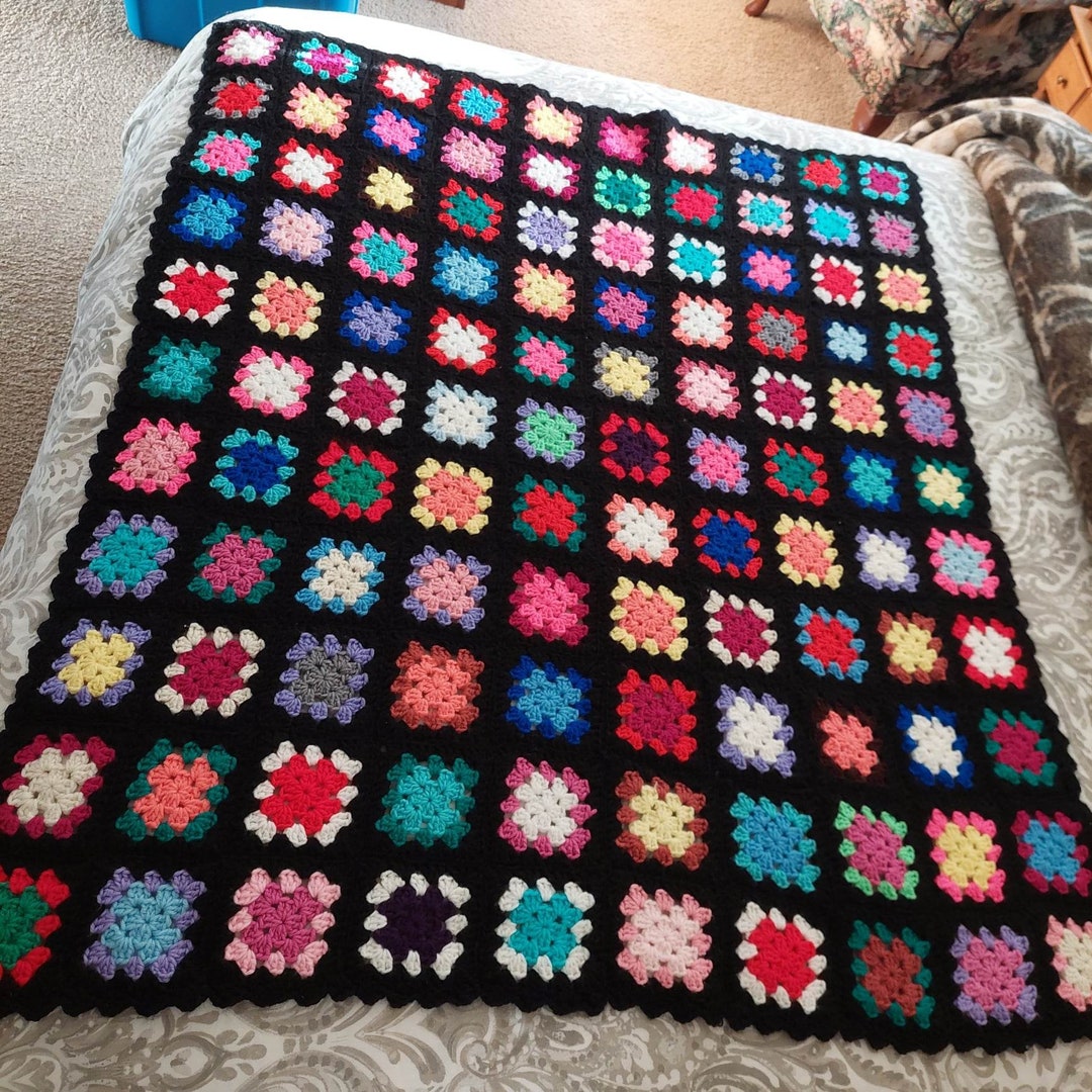 Vintage Granny Square Crocheted Afghan Blanket Black Multi - Etsy