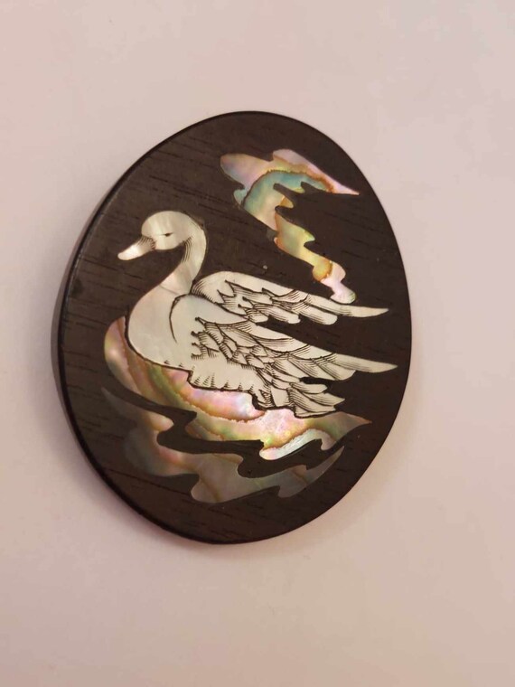 Vintage Inlaid Abalone Shell in Wood Swan Brooch - Gem