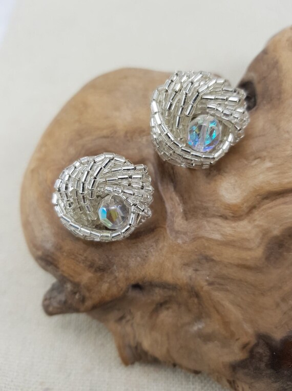 Vintage Clear Glass Seed Beaded Woven Nest Stud Earri… - Gem